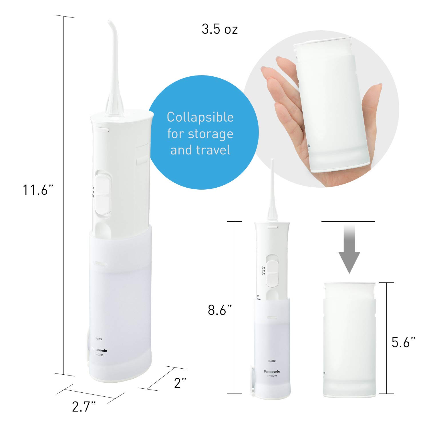 Panasonic Portable Water Flosser, 2-Speed Battery-Operated Oral Irrigator with Collapsible Design for Travel – EW-DJ10-W (White)