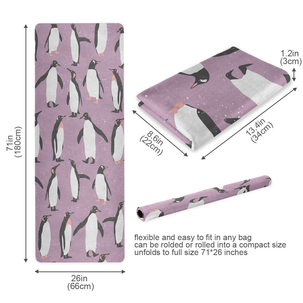 Qilmy Purple Penguin Yoga Mat Non Slip - Extra Long Thin Exercise Mats - 1 mm Thick High Density Padding Mat for Men & Women Stretching & Toning Workouts