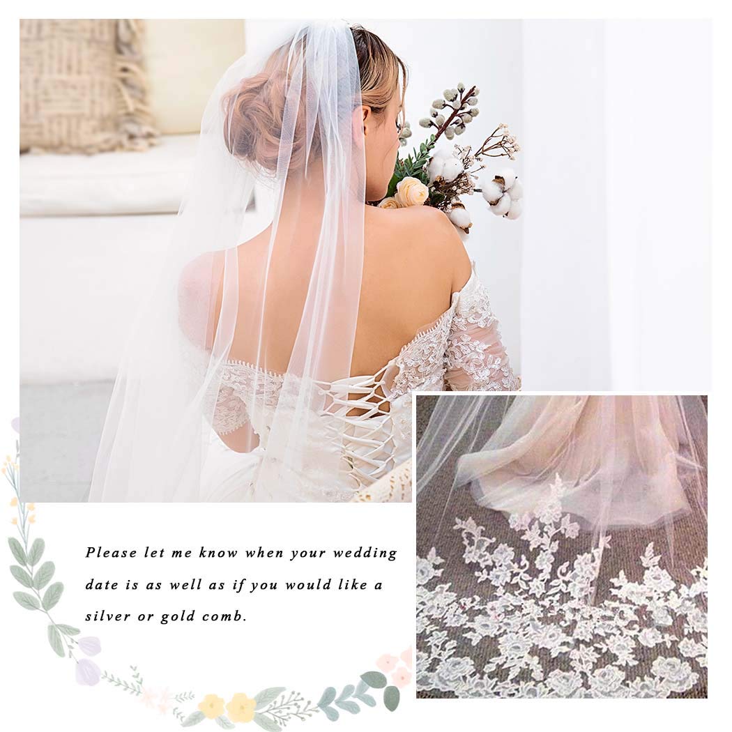 Salliy Aiosy Layer Wedding Veil Bridal Veil Embroidery Lace Edge Bride with Comb Cathedral Length Hair Accessories (White) (White)