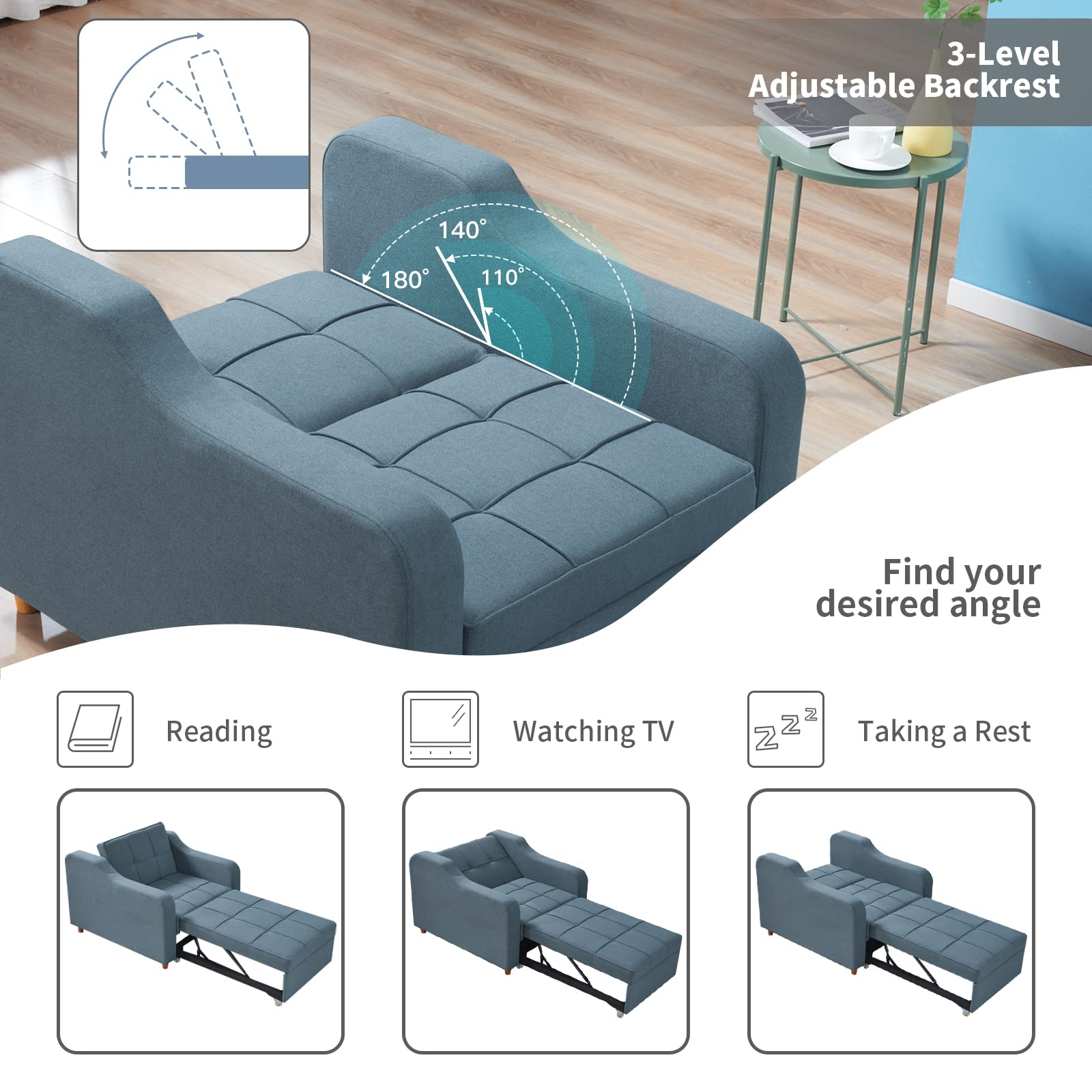 Vicluke Convertible Chair Bed, 3-in-1 Sleeper Chair Bed with Adjustable Backrest, Linen Pull Out Sofa Bed with 2 Pillows, Folding Single Bed Armchair for Apartment, Living Room (Bluish Grey)