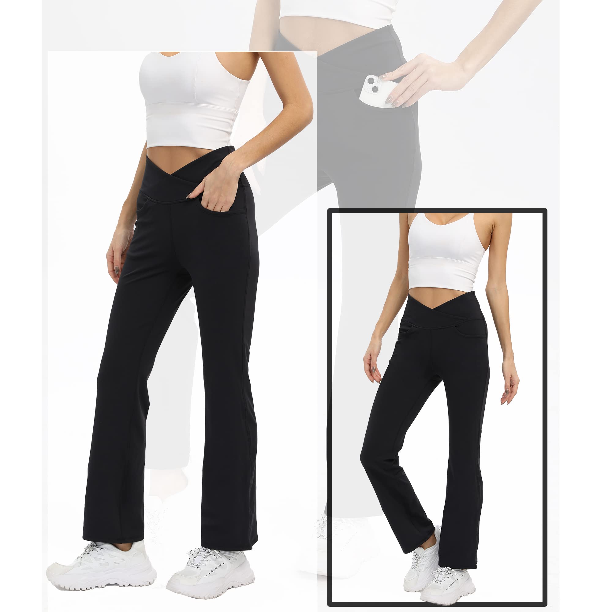 Yinowe Women's Bootcut Yoga Pants V Crossover High Waisted Long Flare Legging Work Pants with Pockets Black