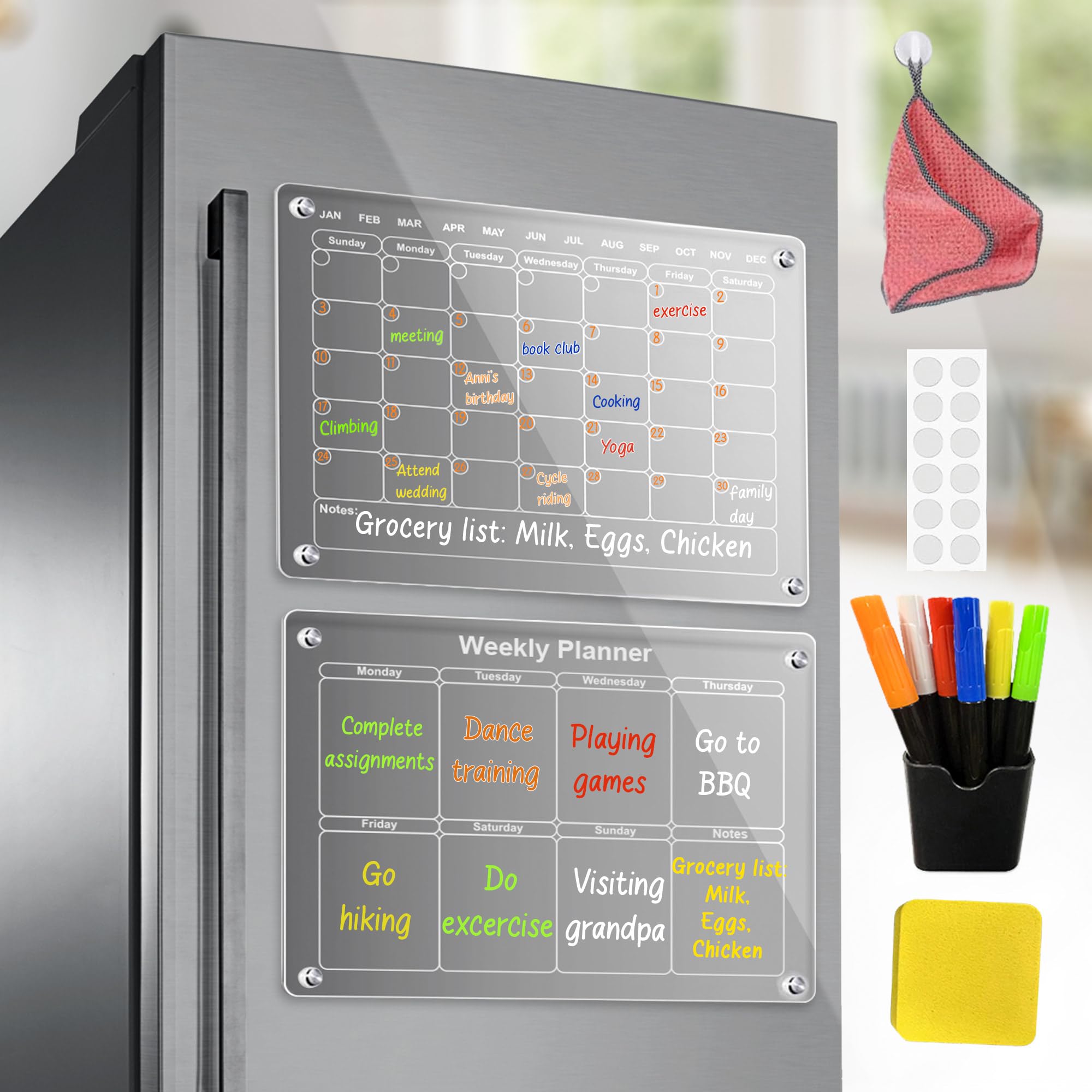 VELVAR Magnetic Calendar For Fridge, 16” x 12” inches Acrylic Calendar, Set of 2 Monthly and Weekly Acrylic Planner, Clear Calendar for Fridge with 6 Marker Colors, Magnetic Eraser and Wiping Cloth