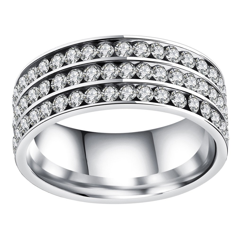 PAURO Women's Stainless Steel 3 Rows Cubic Zirconia Round Cut CZ Ring Promise Wedding Band Silver Size 7