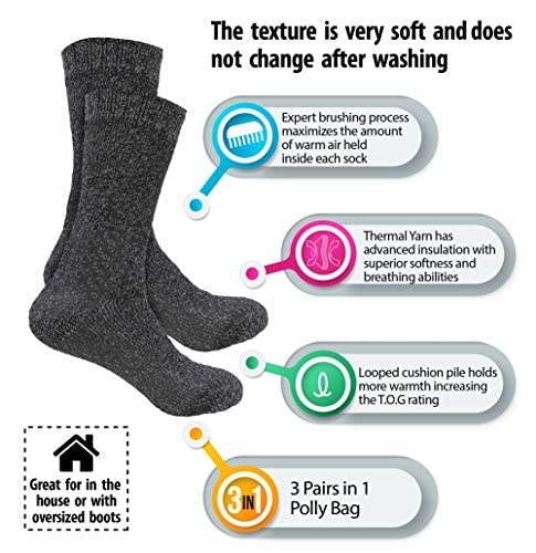 UNIQUE STYLES ASFOOR 3 Pack Thermal Heated Hiking Socks For Men, Thick Warm Winter Socks For Outdoors (7-12, Solid Charcoal/Light Grey/Navy)