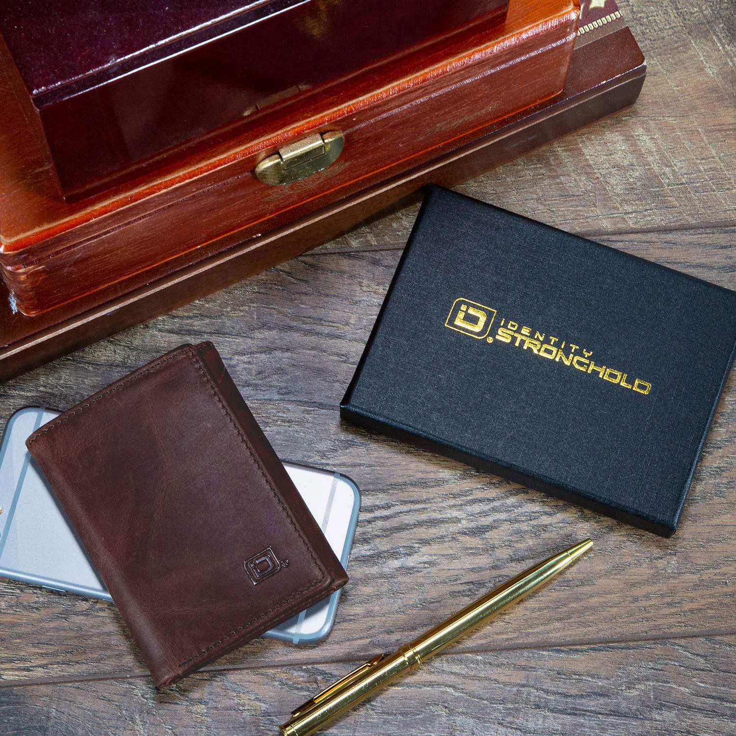 Slim RFID Blocking Trifold Wallet for Men - Genuine Buffalo Leather - Whiskey