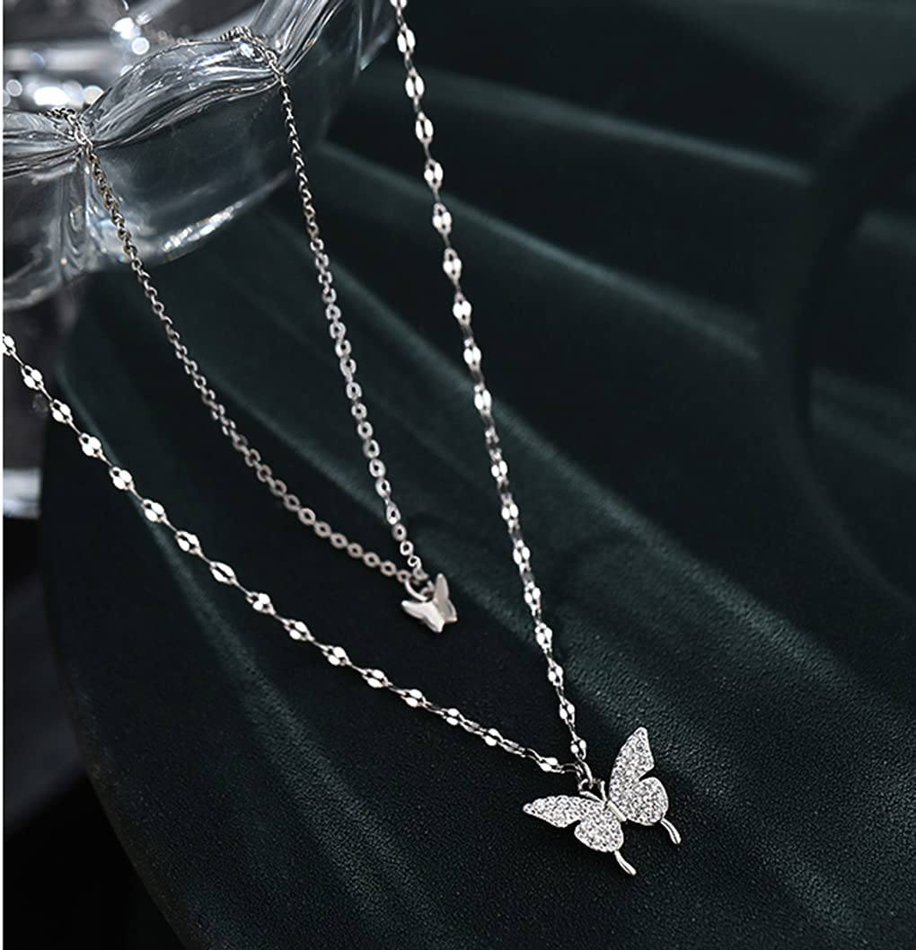 SLUYNZ 925 Sterling Silver CZ Butterfly Choker Necklace for Women Butterfly Layered Necklace Chain (A-Silver)
