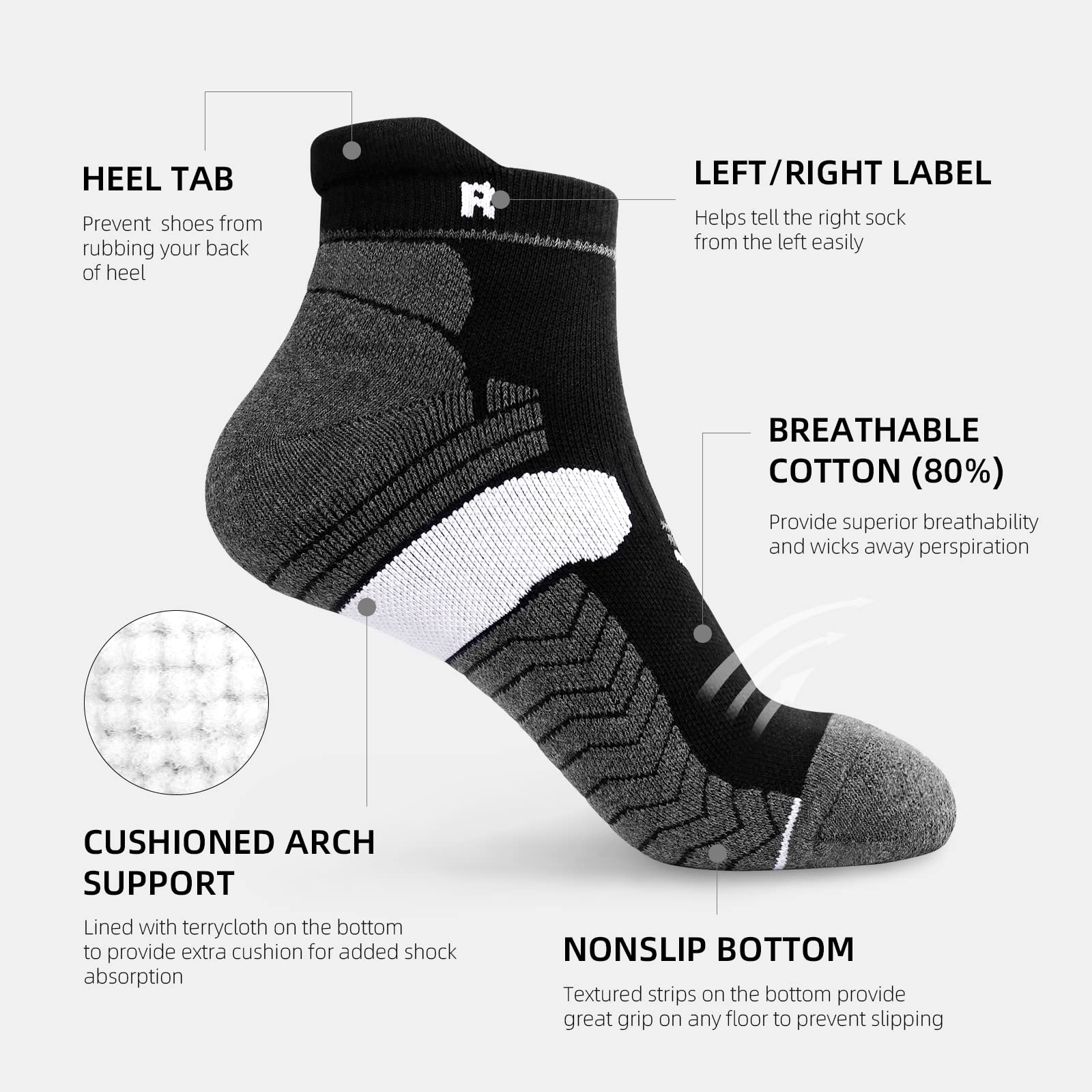 ZNCMRR 6 Pack Athletic Running Ankle Socks for Men and Women Ankle Compression Socks Cushion Cotton Low Cut Ankle Athletic Socks,Size Fits 9-12