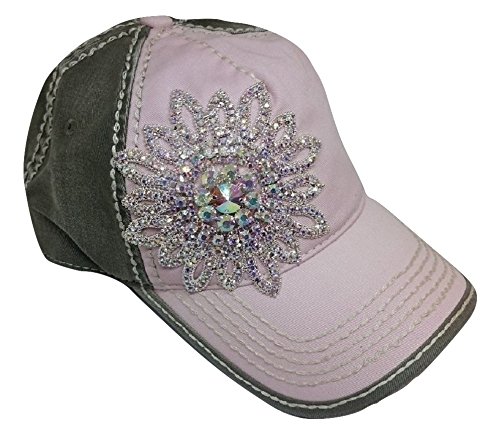 Olive & Pique Women's Large AB Iridescent Crystal Flower Two-Tone Baseball Cap (One Size, Light Pink/Moss)