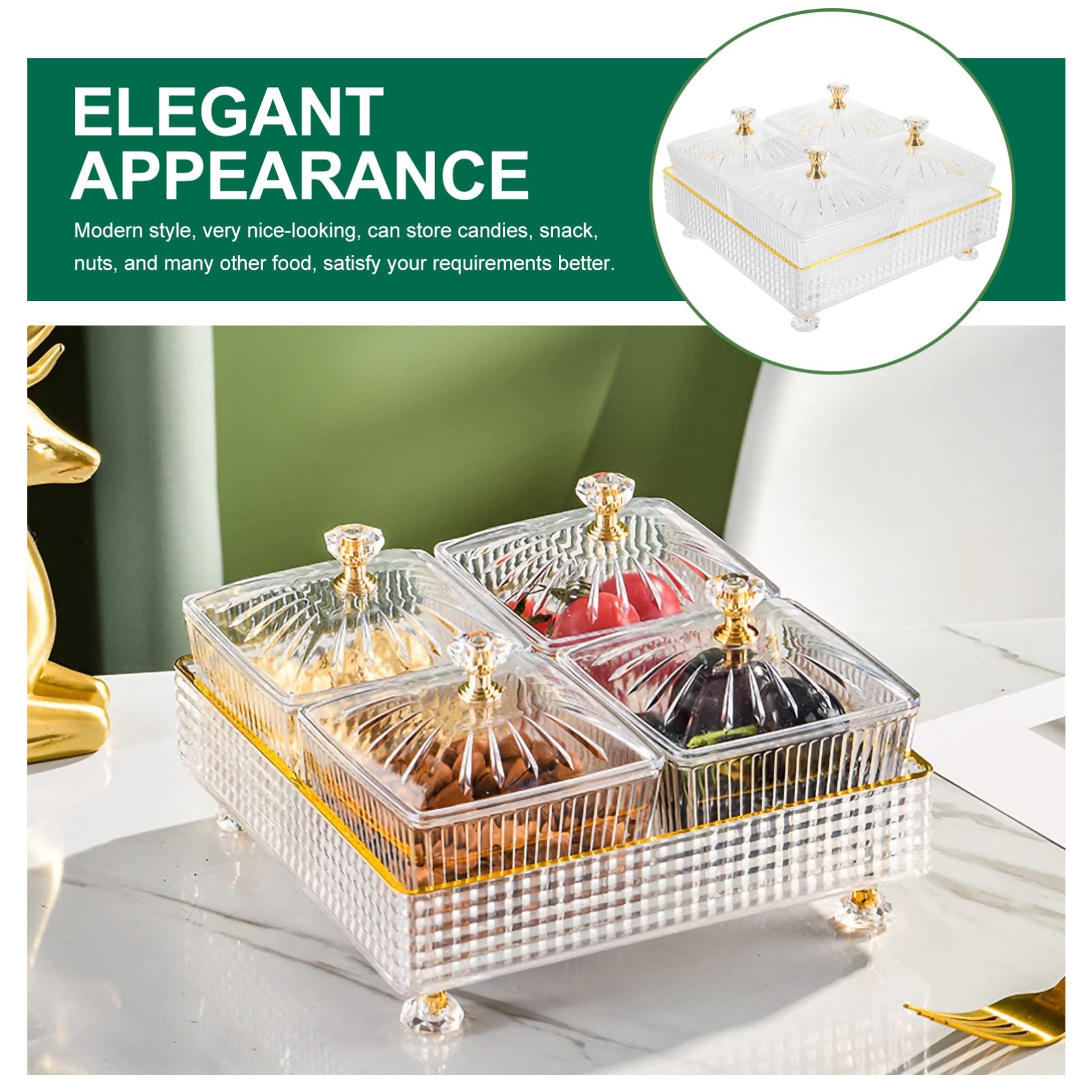 Zerodeko Serving Bowls 1 Set Divided Serving Dishes Snack Tray with Lid Appetizer Platter Food Storage Container with 4 Compartment for Home Party Transparent Decorative Tray