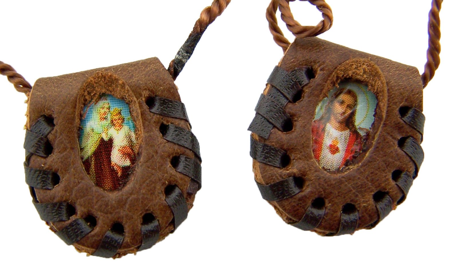 Religious Art Sacred Heart Jesus Christ with Our Lady Mount Carmel Leather 12 Inch Cord Scapular Necklace