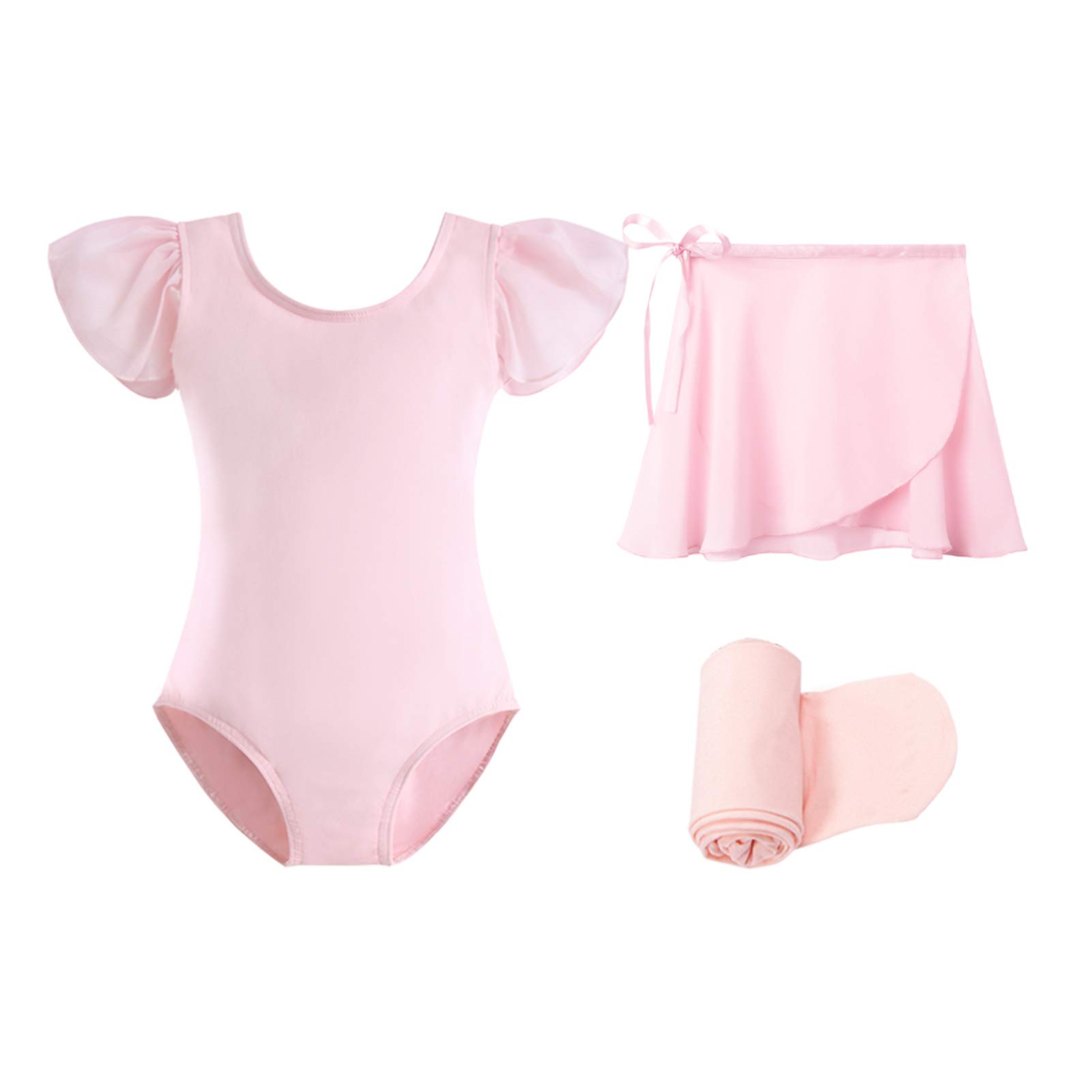 Stelle Ballet Leotards for Girls Dance Dress Outfit Combo with Skirt and Tights (Ballet Pink Ruffle Sleeve,100)