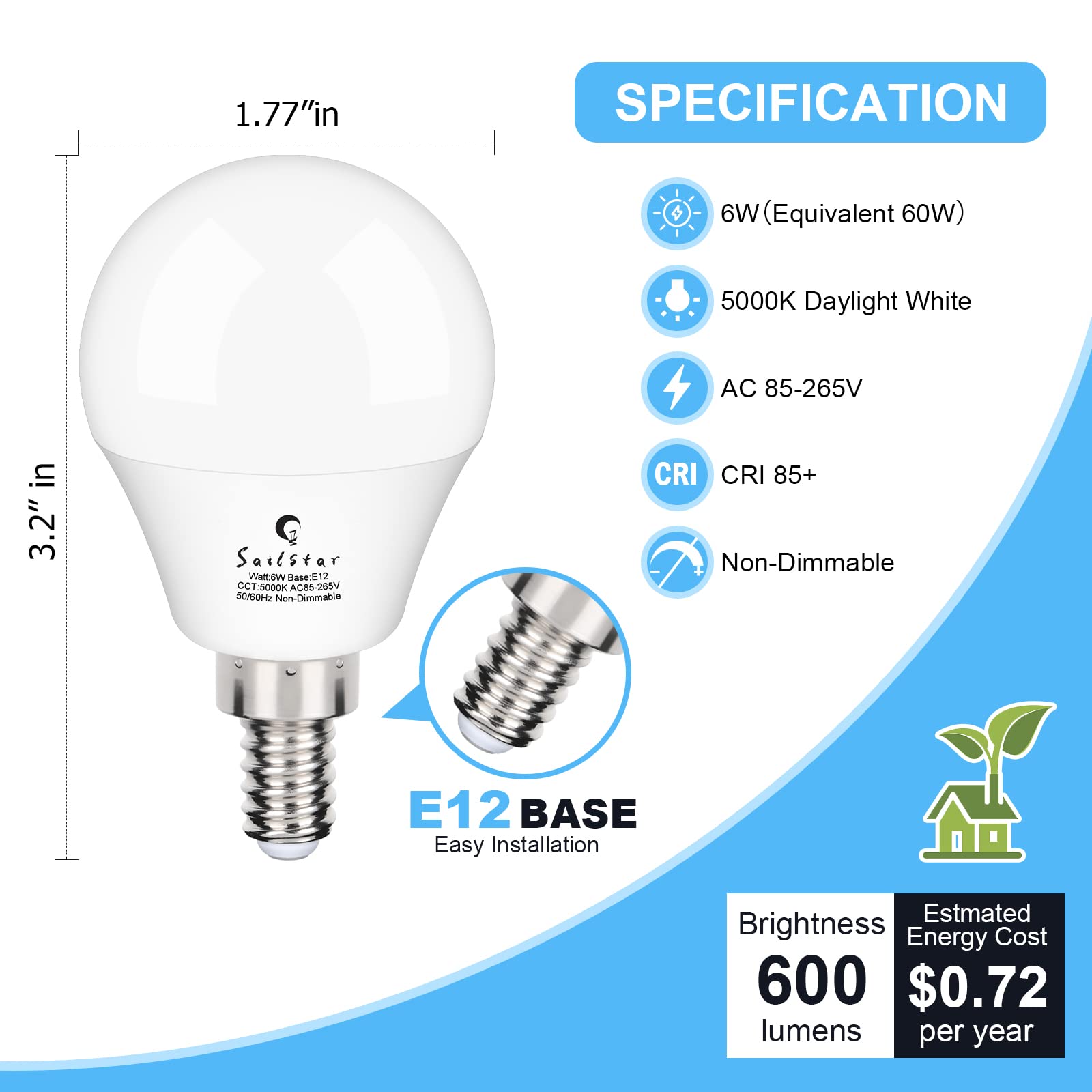 Sailstar Candelabra LED Light Bulbs 60-Watt Equivalent, Daylight White 5000K, E12 Candelabra Base, 6 Watt A15 LED Bulbs for Ceiling Fan, Vanity Mirror Light | 6-Pack
