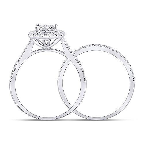 Solid 14k White Gold Princess Cut Diamond Cluster Bridal Wedding Engagement Ring Band Set 1.00 Ct. - Size 7