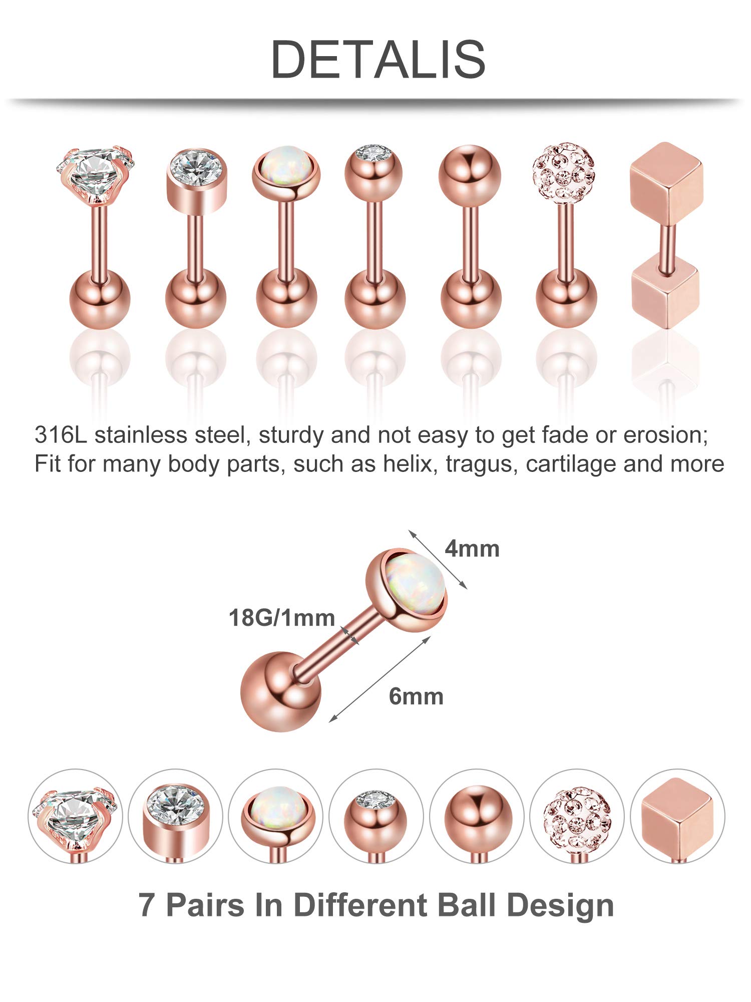 Round Ball Stud Stainless Steel Barbell Earring Set Cartilage Helix Earring Piercings for Tragus Cartilage Ear (Rose Gold 1)