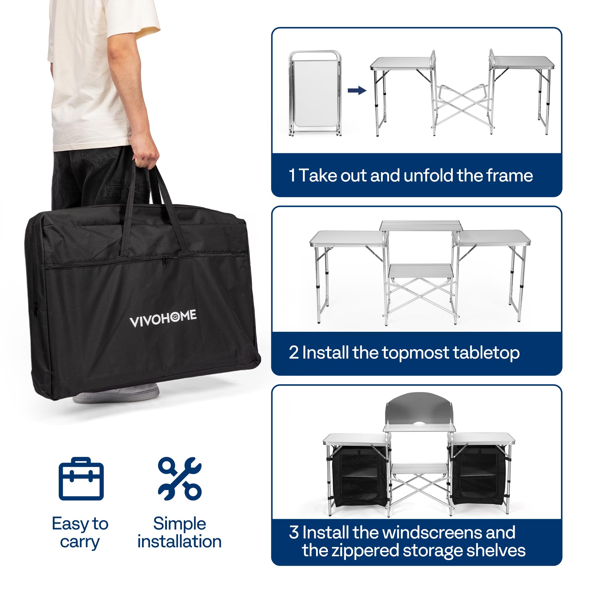 VIVOHOME Folding Camping Kitchen Table with Storage Organizer, 2 Side Tables, Stainless Steel Windscreen, Outdoor Portable Cook Station for BBQ, Picnics