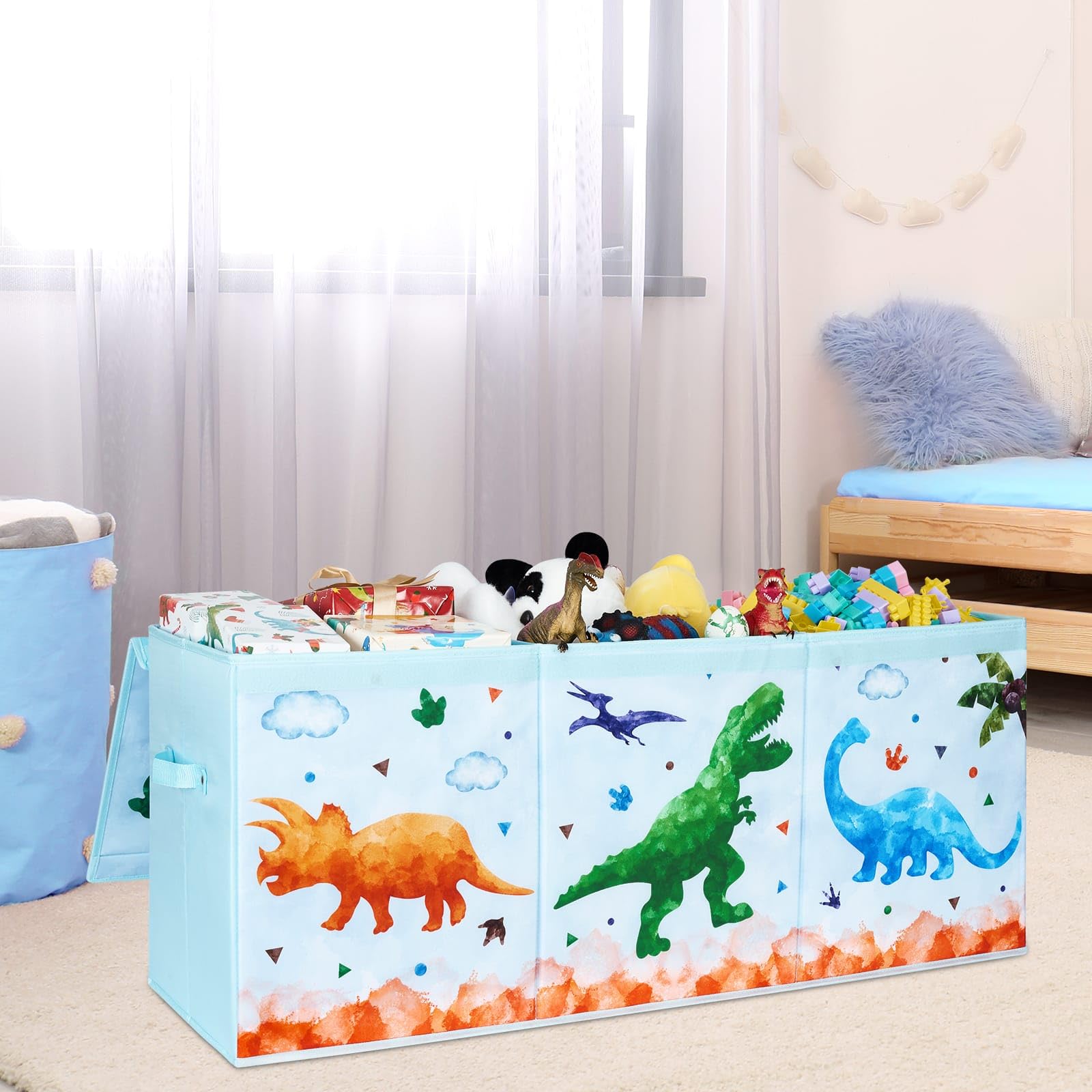 WERNNSAI Large Toy Box - Dinosaur Toy Storage Chest with Lids Foldable Extra Large 38β x 13β x 16β Removable Divider Oxford Toy Sundries Storage Organizer for Boys Kids for Playroom Bedroom Nursery