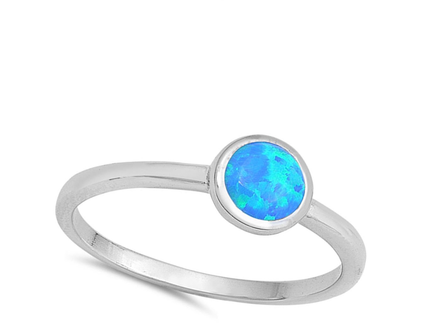 Round Blue Simulated Opal Unique Ring New .925 Sterling Silver Band Size 11