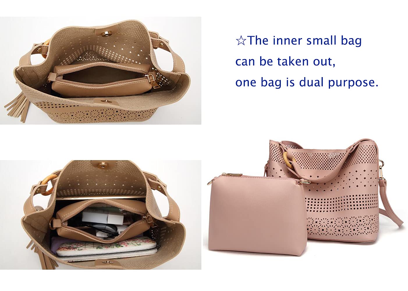 SMALLBLUER Women PU Leather Tassel Cutout Tote Hobo Clutches Shoulder Crossbody Bags Backpack Satchels-Gray