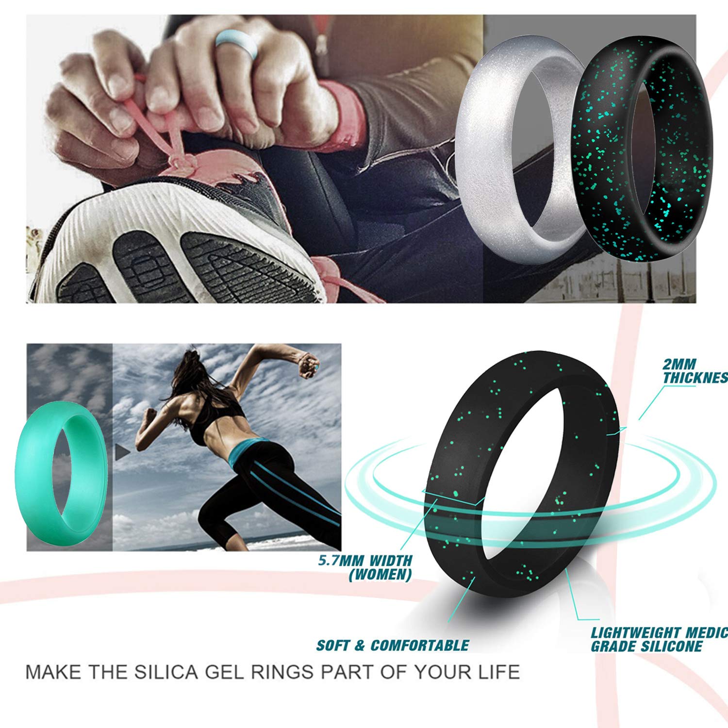 SkullParty Silicone Wedding Ring Bands for Women 10 Pack Size 8 Womens Thin Stackable & Flash Powder Rubber Wedding Band Rings 5.7mm & 3mm Wide - Pink Black Teal Metallic White Grey Mint Green