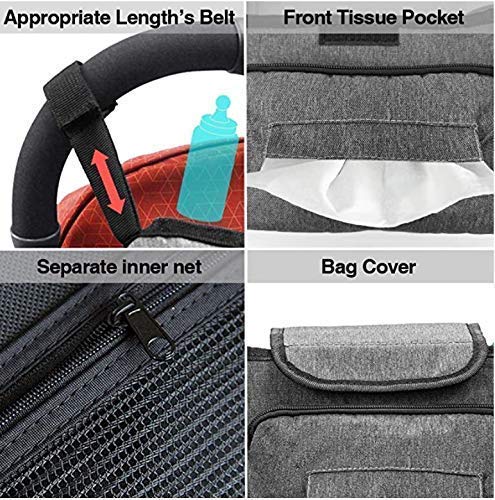 Universal Baby Stroller Organizer with Two Cup Holders Inside; Unique Tissue Bag at Front, and Detachable Shoulder Strap Attached.