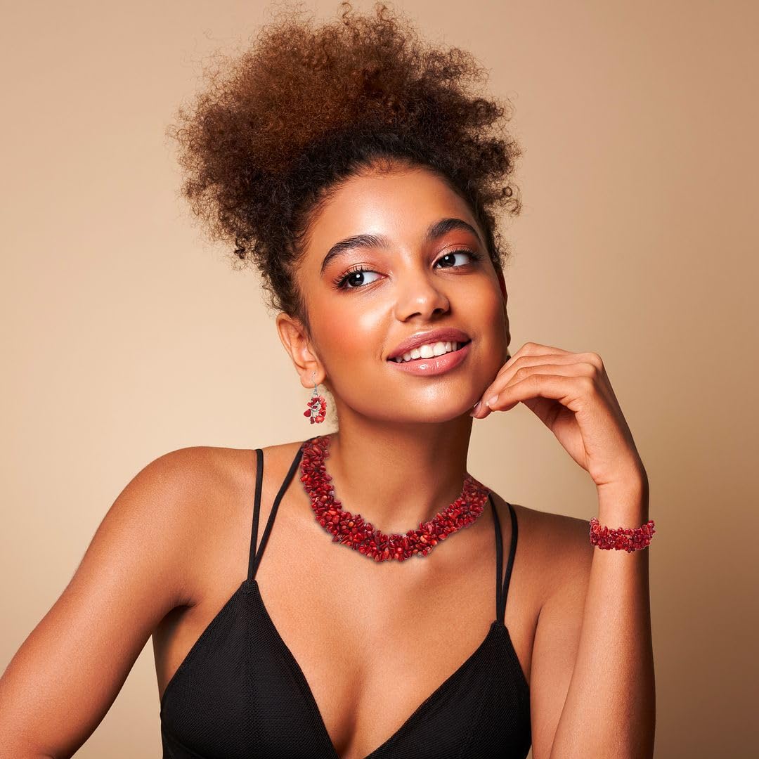 Shop LC Red Coral Gemstone Chips Necklace, Earrings & Bracelet Set - Cluster Stainless Steel Jewelry for Women - Boho Beach Healing Crystal Jewelry - Necklace Length 18" - Stretchable Bracelet Gifts