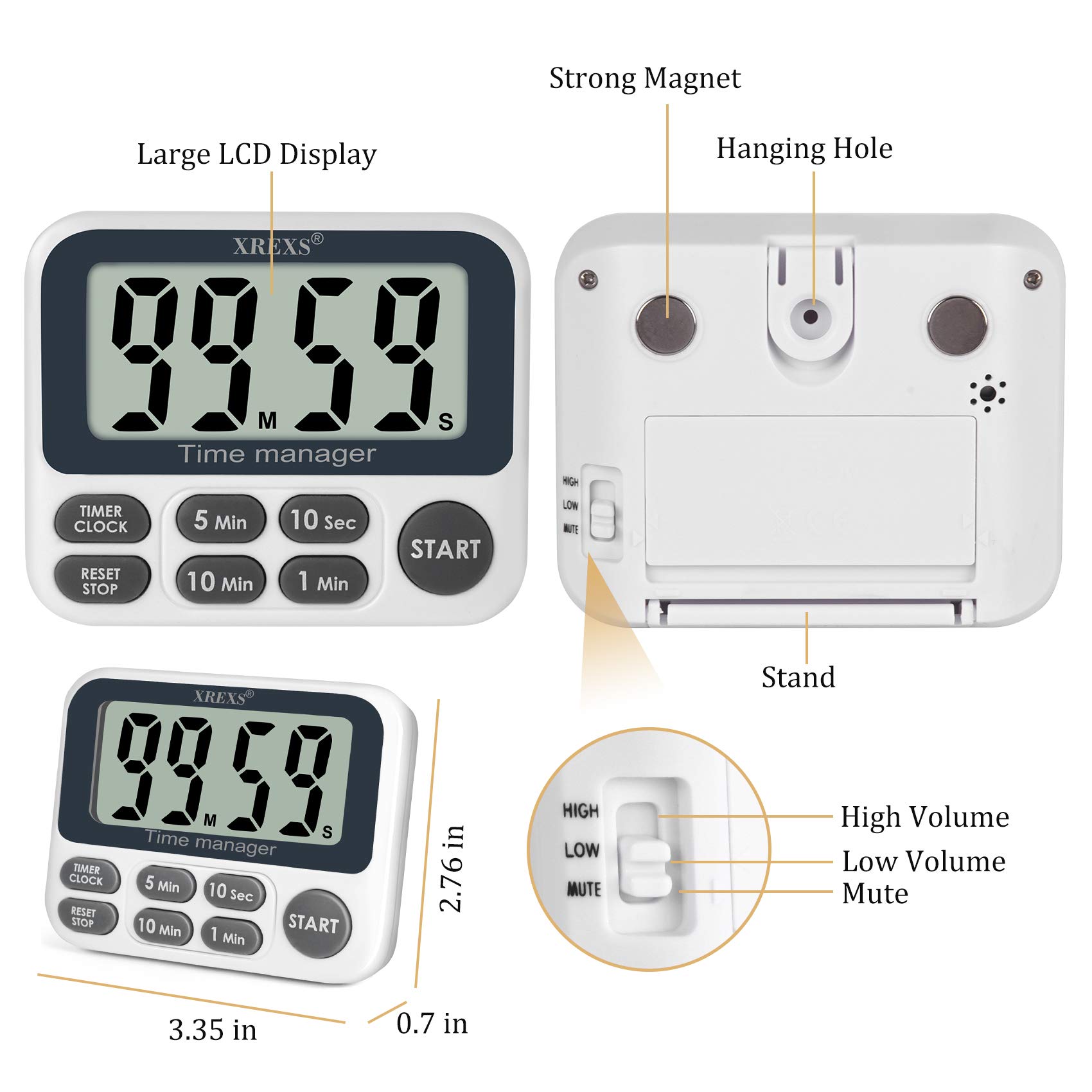 XREXS Digital Kitchen Timer, Magnetic Countdown Up Cooking Timer Clock with Large LCD Display, Adjustable Volume, Loud Alarm & Strong Magnet Classroom Timer for Teachers (Batteries Included)