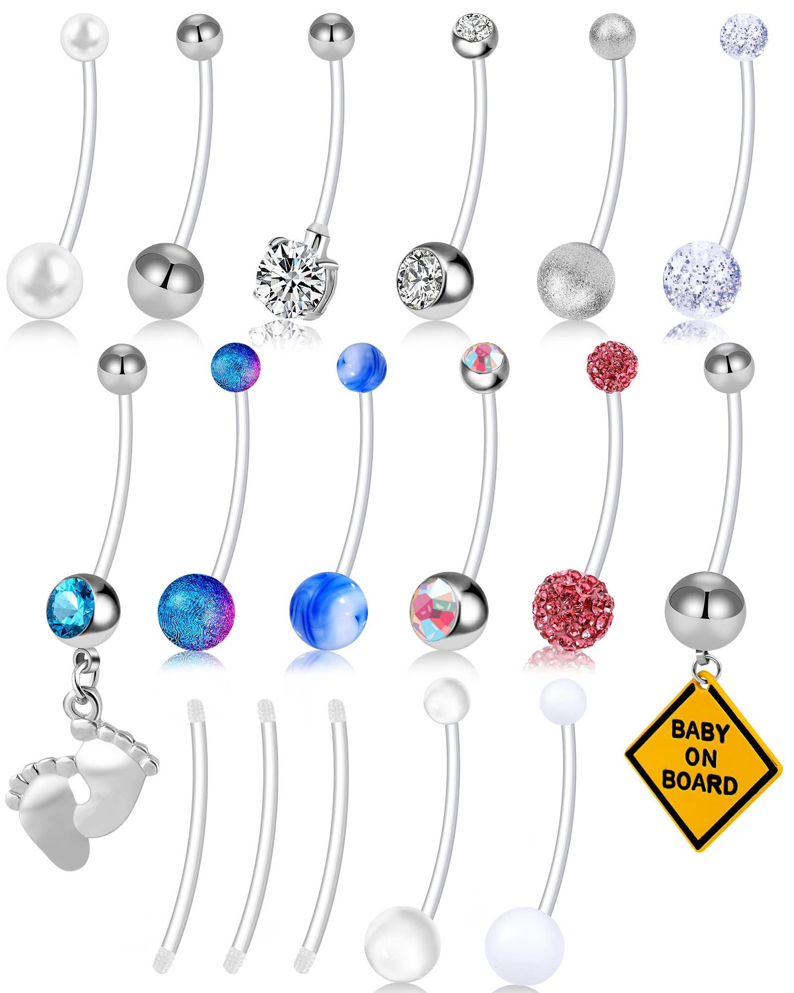 WINSENET 17Pcs 14G Pregnancy Belly Button Rings Flexible Maternity Belly Rings 38mm Long Clear Bar Pregnancy Belly Rings Sport Navel Rings for Women Mom
