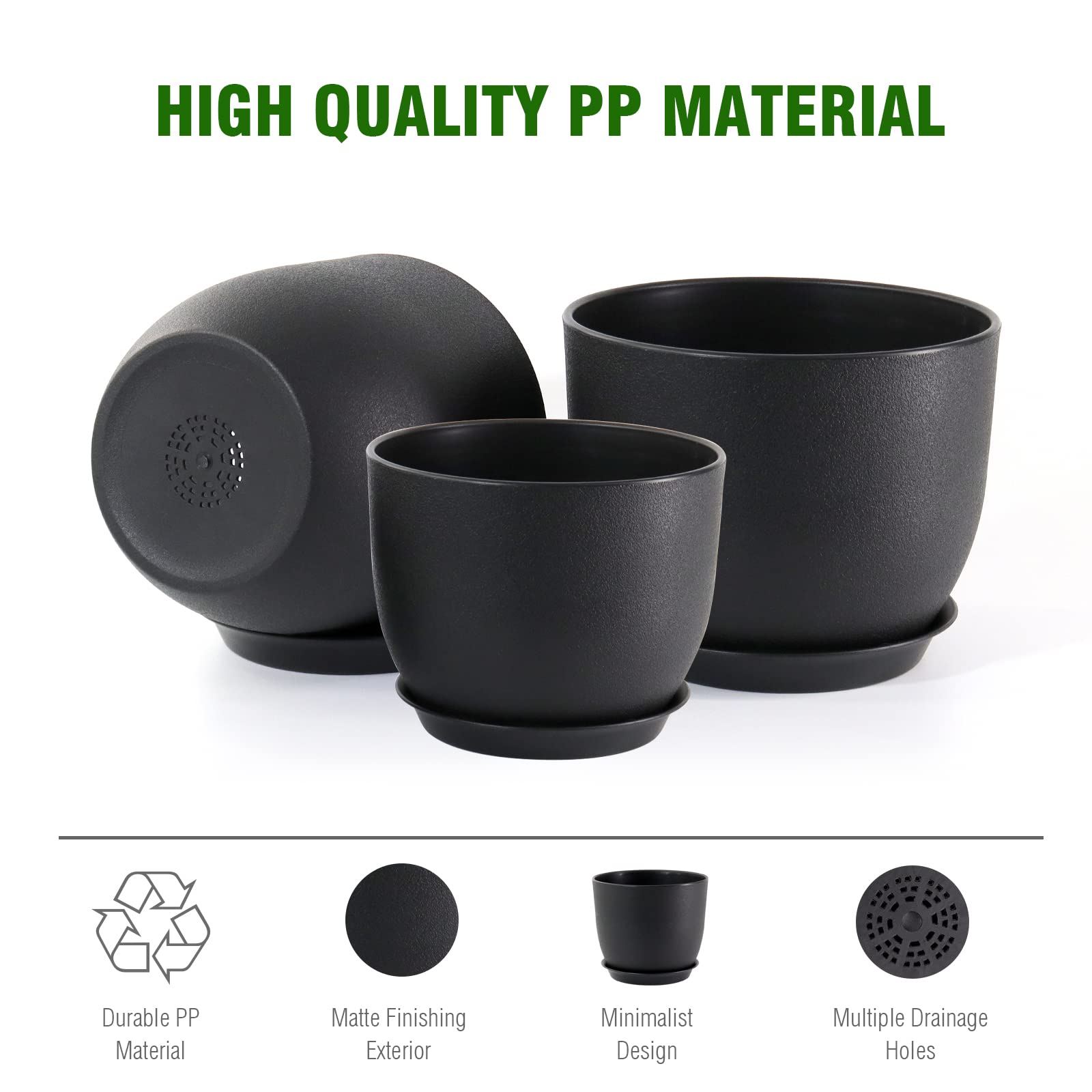 UOUZ 12/10/9 Large Modern Plant Pots, Plastic Planters with Drainage Holes and Saucers for Indoor Outdoor Plants Flowers, Black
