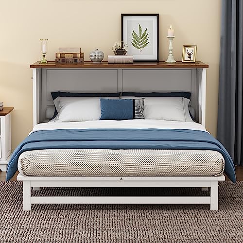 Queen Size Solid Pine Murphy Bed Chest with Charging Station and Large Storage Drawe,Folding Feature Perfect for Home Office or Small Room.