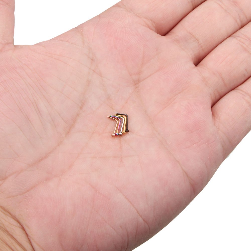 Ruifan 5PCS 18G Mix Color 316L Surgical Steel Nose L Shaped Studs Rings Curved Piercing Jewelry with 1.5mm Flat