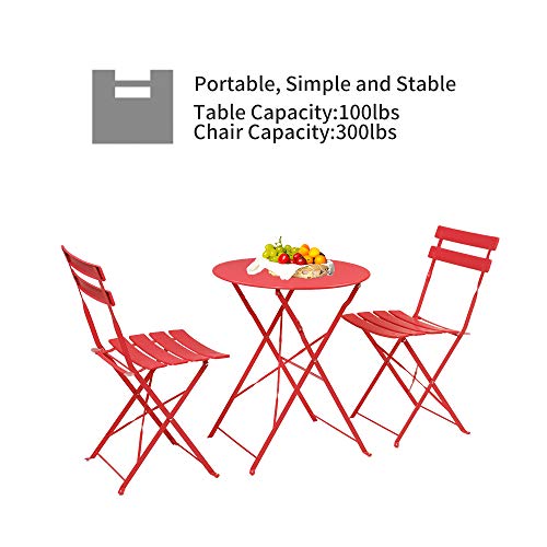 VINGLI Steel Patio Bistro Set, 3 Piece Folding Outdoor Patio Furniture Sets, Folding Patio Round Table and Chairs(Red)