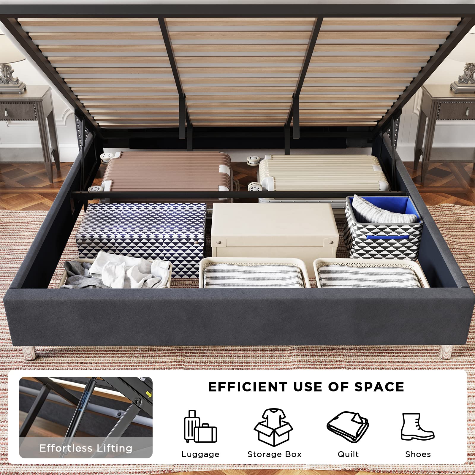 PaPaJet Lift Up Storage Bed King Size Upholstered Platform Bed Frame Button Tufted Wingback Headboard Hydraulic Lifting Storage Underneath/Wood Slats Support/Easy Assembly/Black