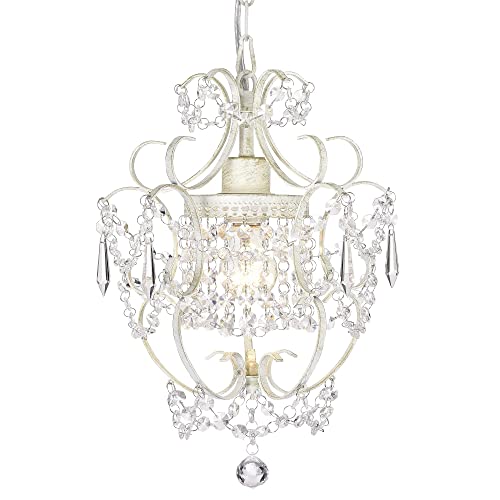 Small Crystal Chandelier for Bedroom, 90% Pre-Assembled 1 Light White Chandelier, Mini Acrylic Crystal Ceiling Light Fixture Charming for Girls Room, Closet, Bathroom, Entryway, Dining Room