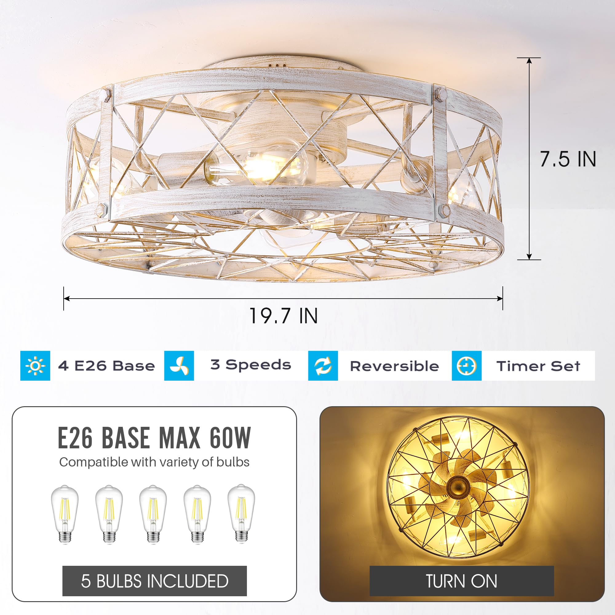 PAZALA Retro White Ceiling Fans with Lights, 20 inch Caged Ceiling Fan Light Fixture with Remote Control, Flush Mount Ceiling Fan with Light for Bedroom, Living Room, Kitchen