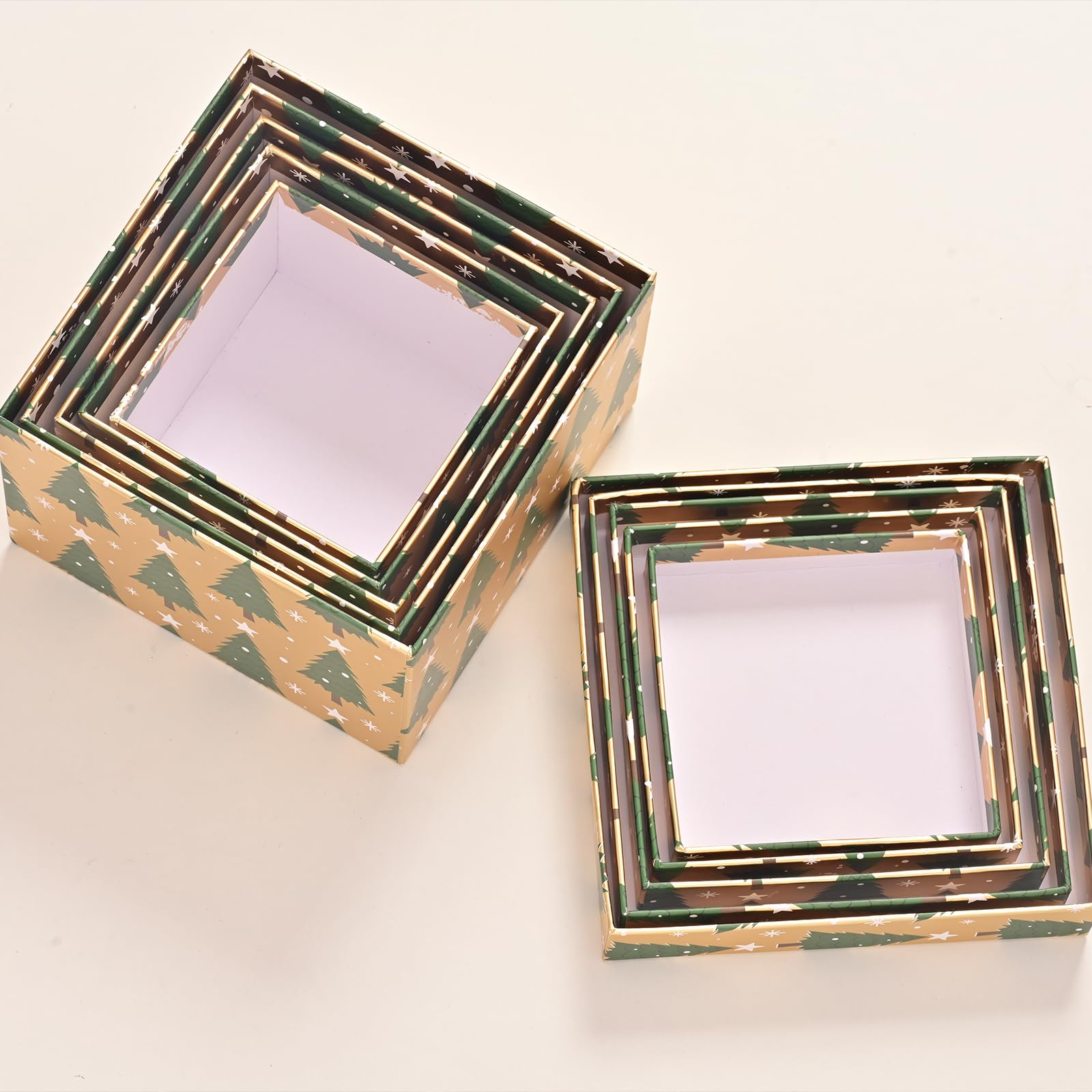 PAPER FAIR 5PCS Christmas Nesting Gift Boxes Set, Gold Foil Green Xmas Tree Flat Square Cardboard Nested Box with Lid, for Gift Wrapping Holiday Present Birthday, Assorted Size