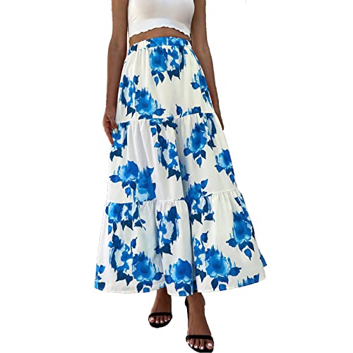 Womens Tulle Skirt Plus Size Casual Summer Women's High Waist Boho Floral Print Pleated Maxi Flowy Swing A Line Beach Blue