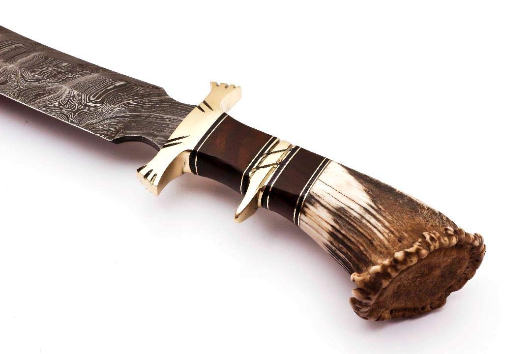 Skokie Knives Damascus Steel hunting Knife Stag Antler Handle with Burl Wood & Brass Guard β15β Handmade Premium Quality Sharp Edge Fix Blade - Genuine Multipurpose Knife β Ideal for Hunting, Camping