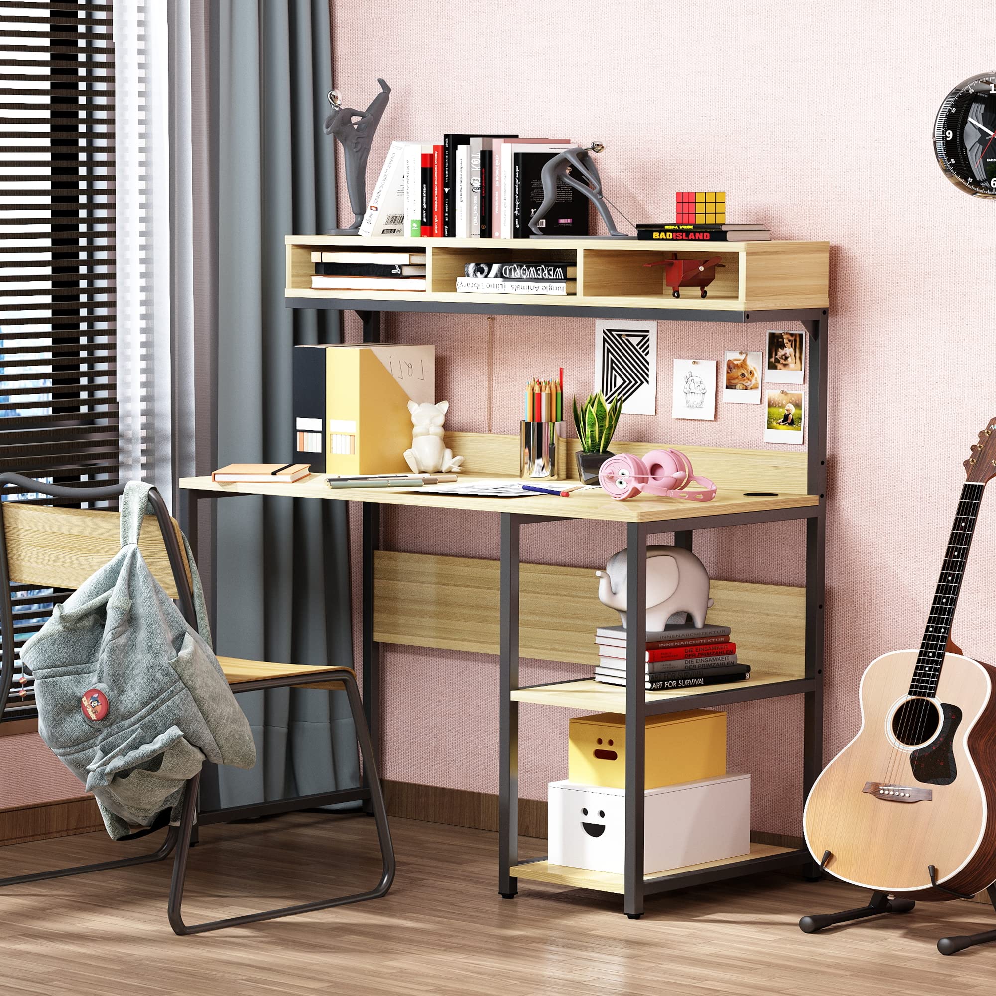 VIPEK Computer Desk 42 Inch Study Writing Desk PC Laptop Table for Home Office, School Student Desk with Hutch & Storage Shelves, Corner Table for Small Space Bedroom, Easy Assemble, Oak