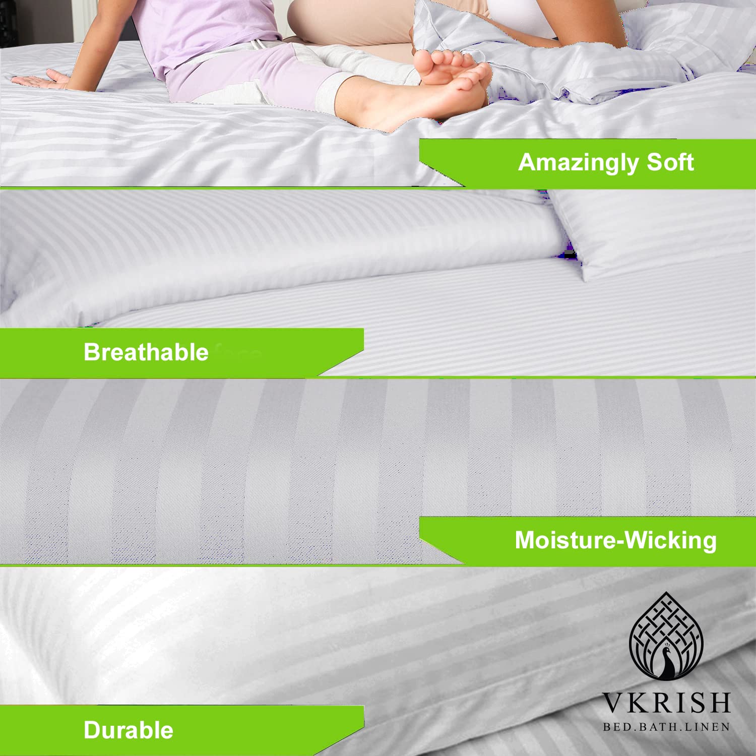 VKRISH 400 Thread Count Queen Size Cotton Sheet Set 4 Piece Damask Striped Sheets 100% Cotton Cooling Plum Bed Sheets Luxury Sateen Weave Hotel Quality, 16" Deep Pocket, Oeko-Tex Certified