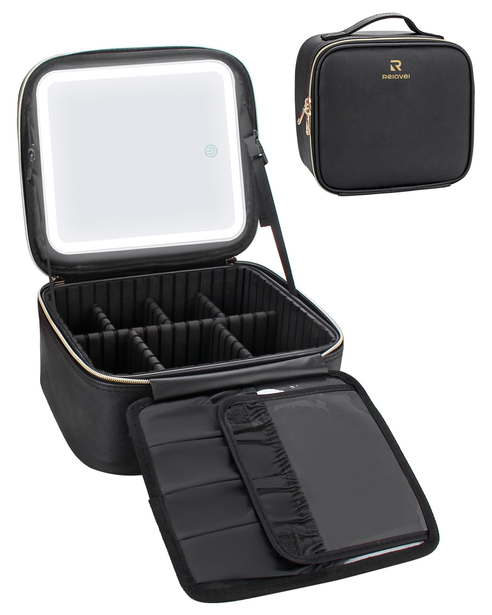 Relavel Makeup Organizer Bag, Makeup Case Leather Travel Makeup Bag 2 Layers Train Case Large Cosmetic Case Portable with Adjustable Dividers Makeup Brushes Holder Storage Box (Small Black)