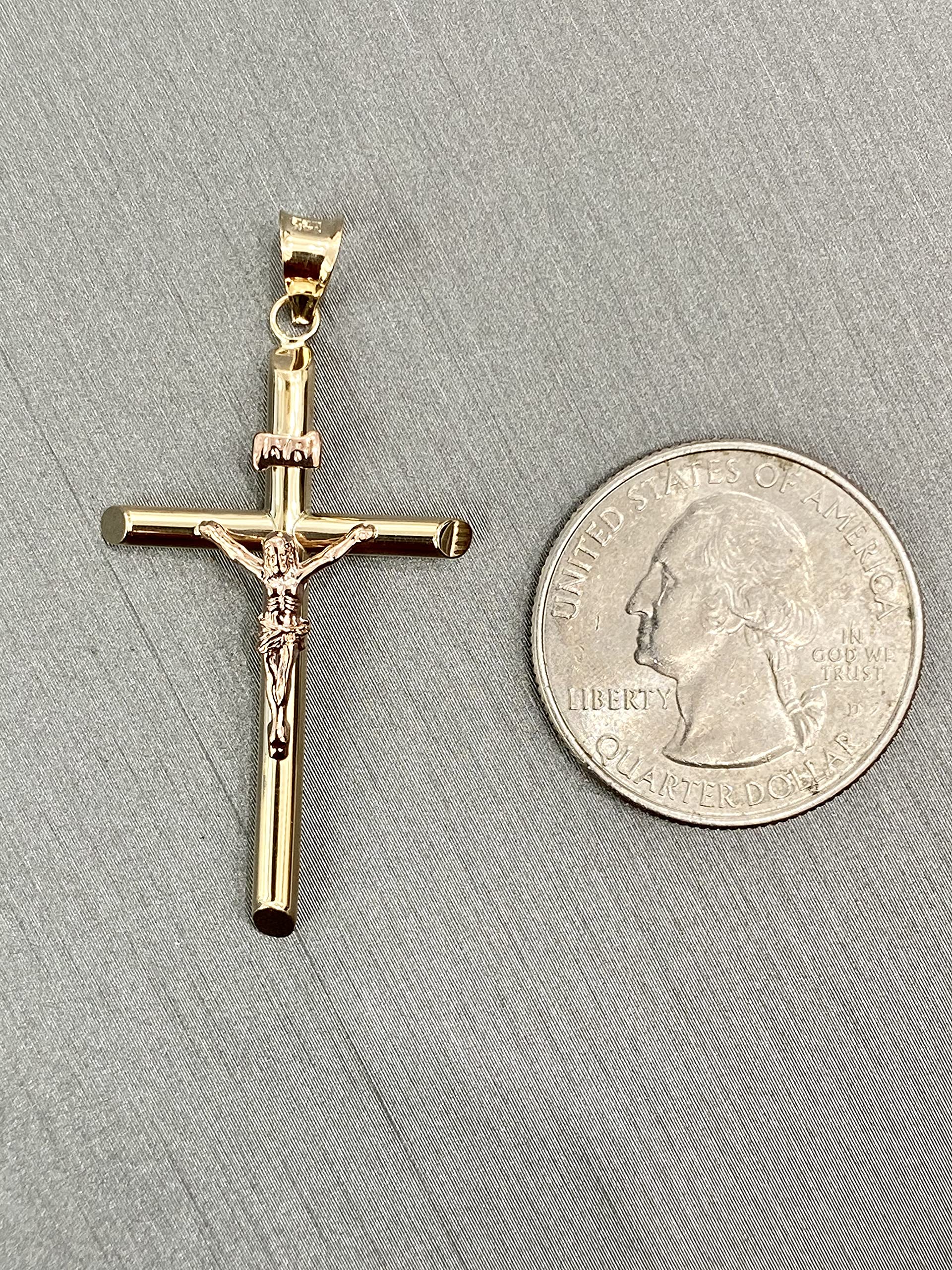 Solid 14K Yellow Rose Gold Crucifix Pendant - 38mm x 24mm Two Tone Jesus Cross Charm Religious Pendant - Suitable for Men & Women - Great Gift for Christmas & All Occasion