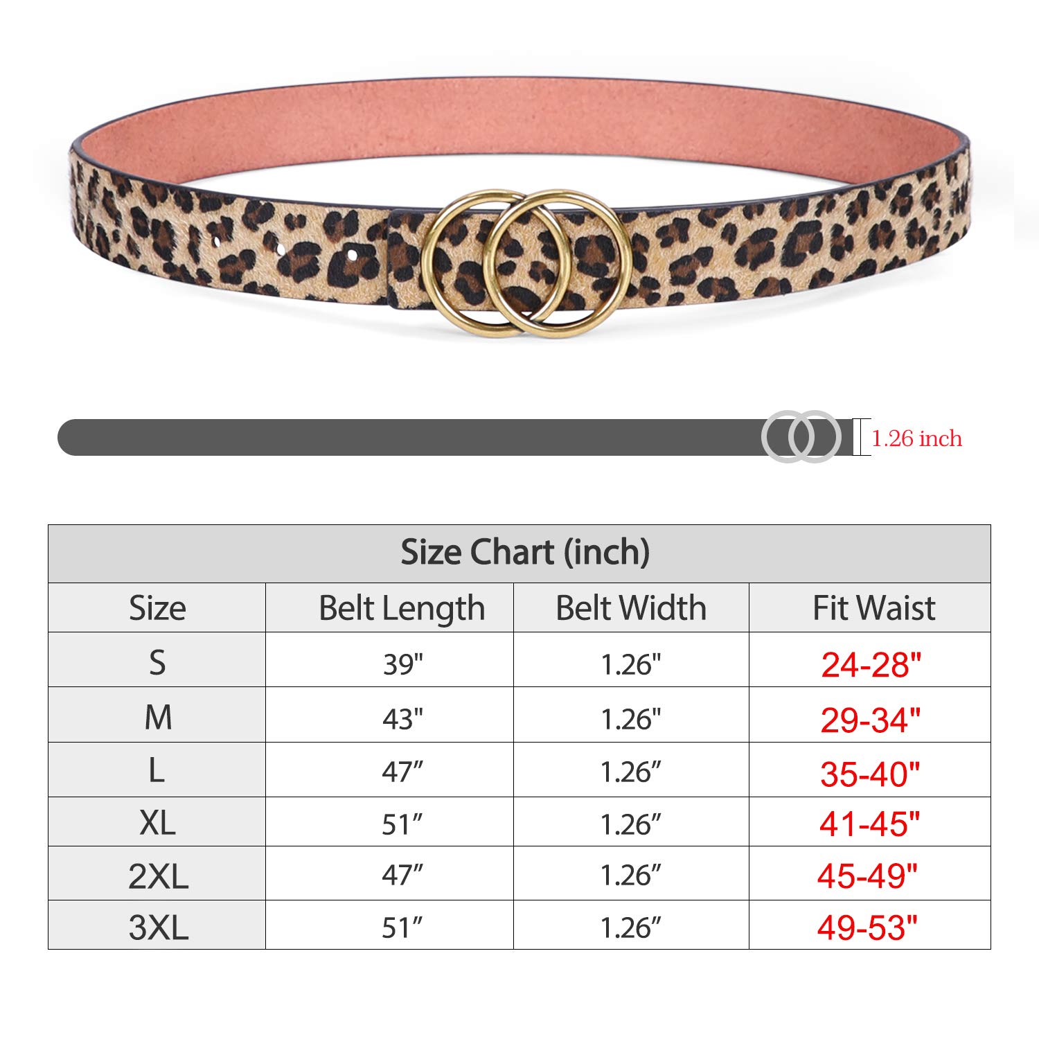 SANSTHS Womens Leopard Belt with Removable Gold Double Ring Buckle for Jeans, XL