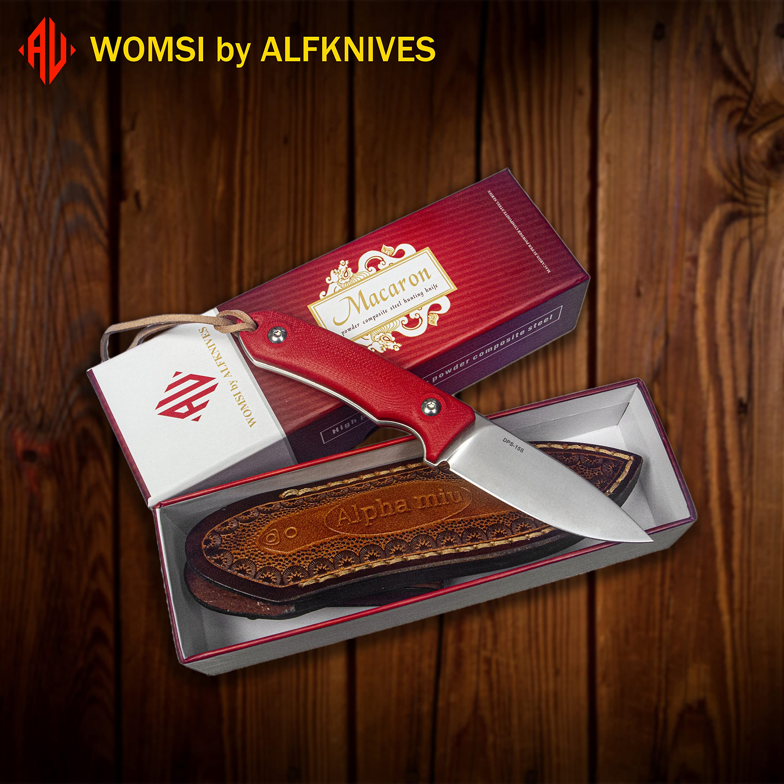 WOMSI Hunting Knife,Full Tang 6.57",DPS15-S Power Steel Blade,Sonorous&durable G10 Handle with Leather Sheath(Red)