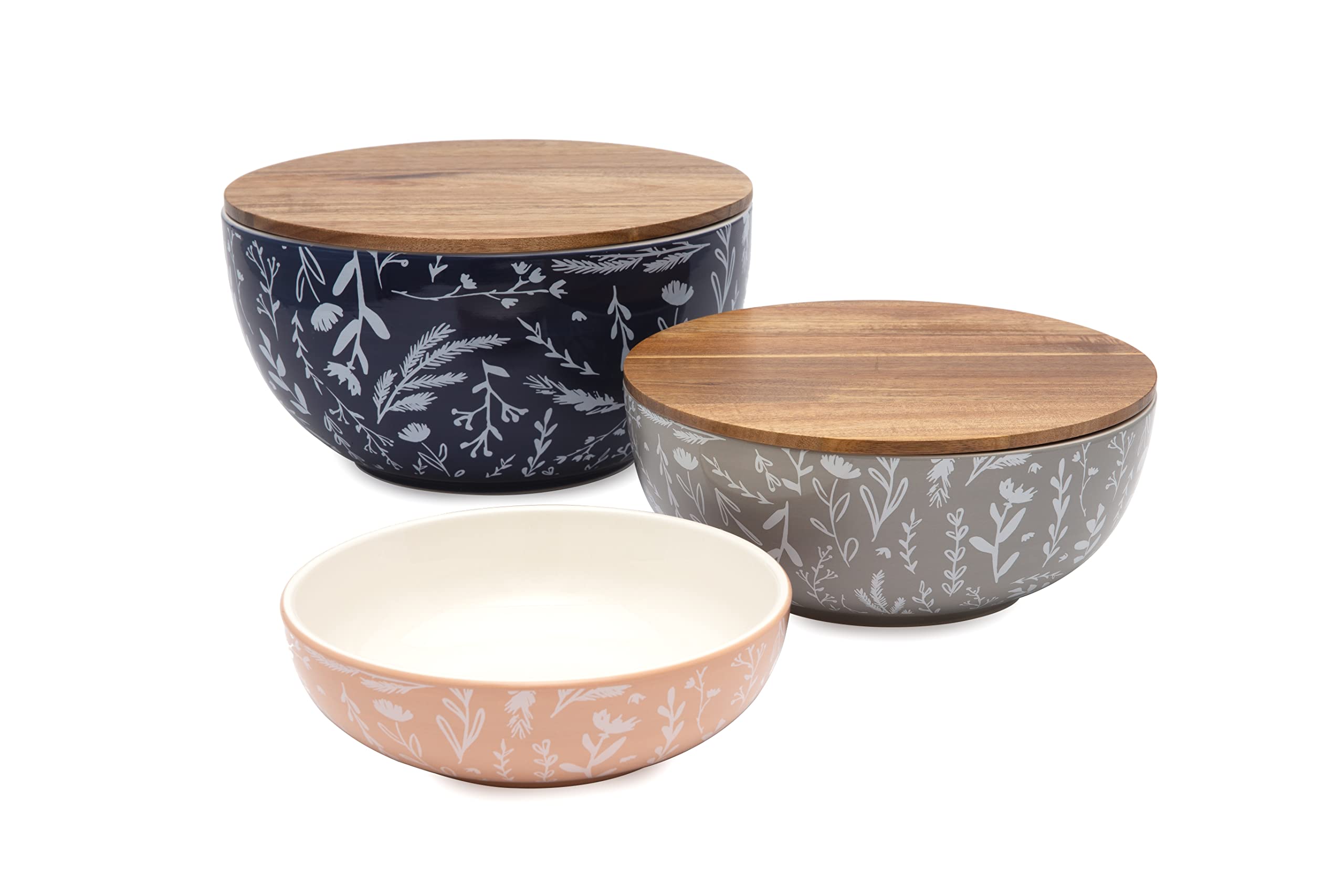 Thirstystone Set of 3 Ceramic Mixing/Salad Bowls with 2 Acacia Wood Lids Attractive Floral Designs Small Medium & Large Bowls