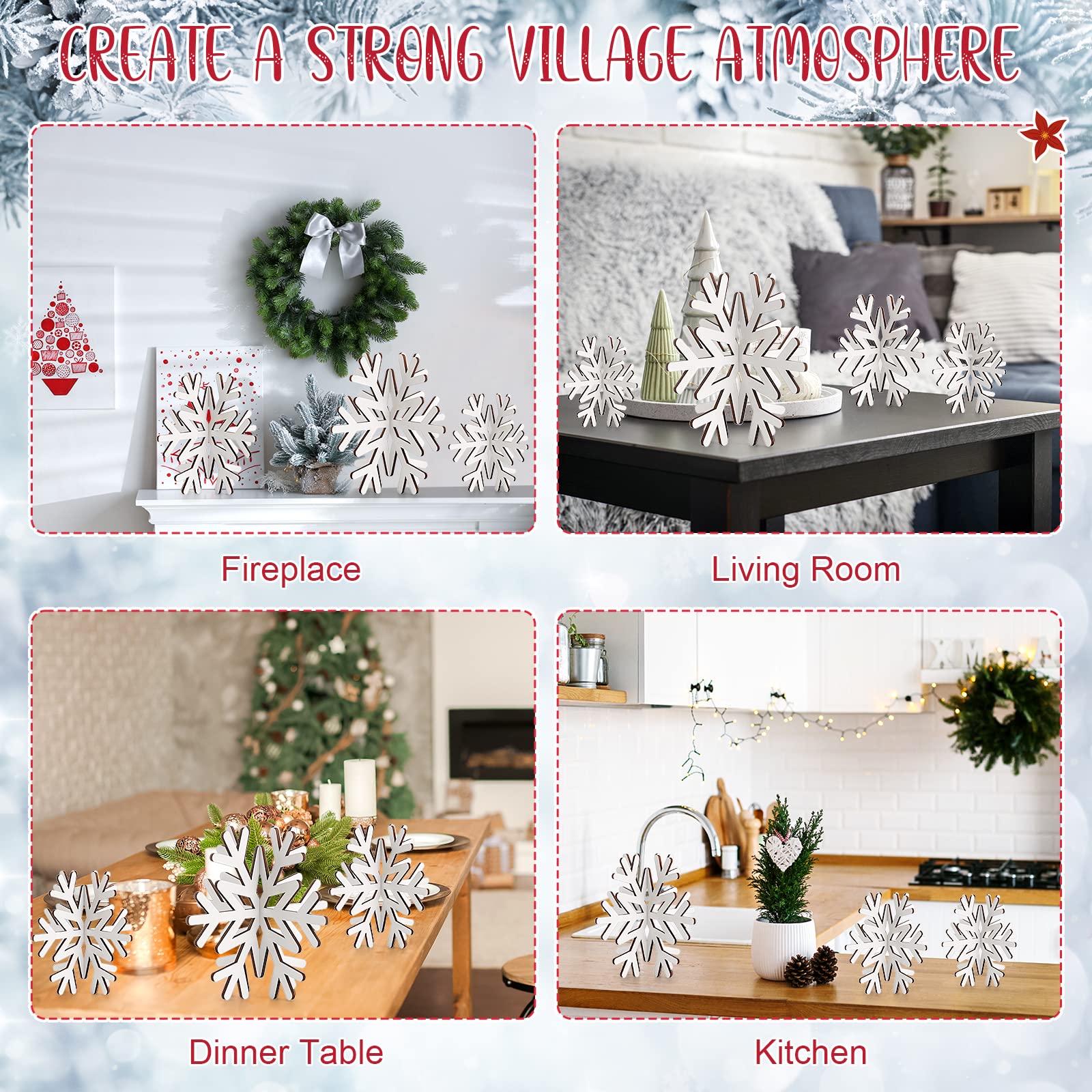 Tuanse Winter Wooden Snowflake Decorations 3D Snowflake Tabletop Decor Farmhouse Standing Table Sign Snowflake Centerpiece for Winter Party Porch Wall Fireplace Tray, White(5 Pieces)