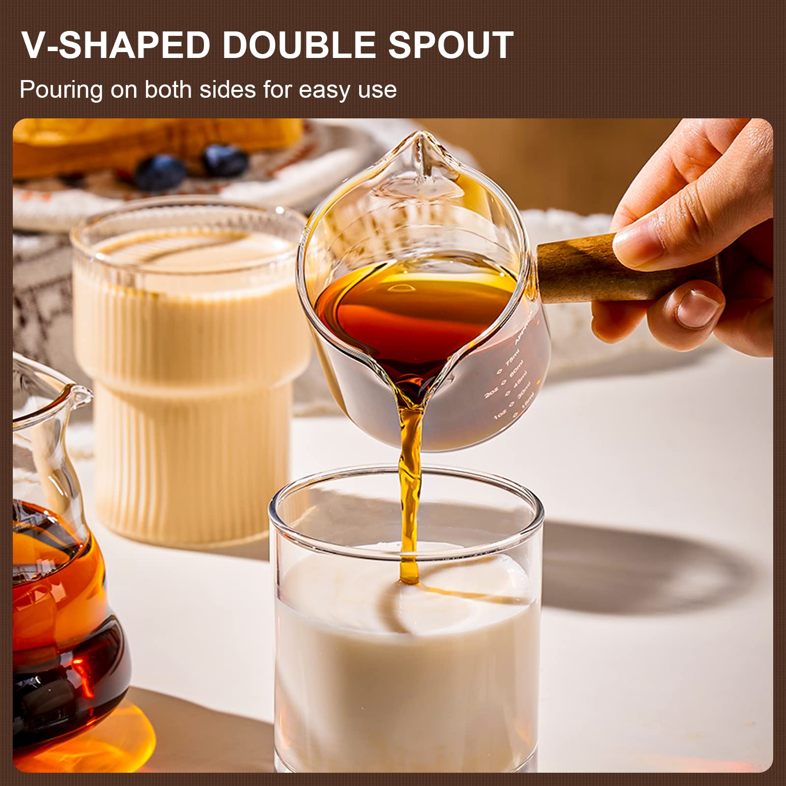 PARACITY Espresso Cups with Wood Handle, Double Spout Glass Measuring Cup with Dual Scale, Espresso Shot Glass with V-Shaped Mouth, Clear Glass Espresso Accessories, Milk Frothing Pitcher 3.5OZ