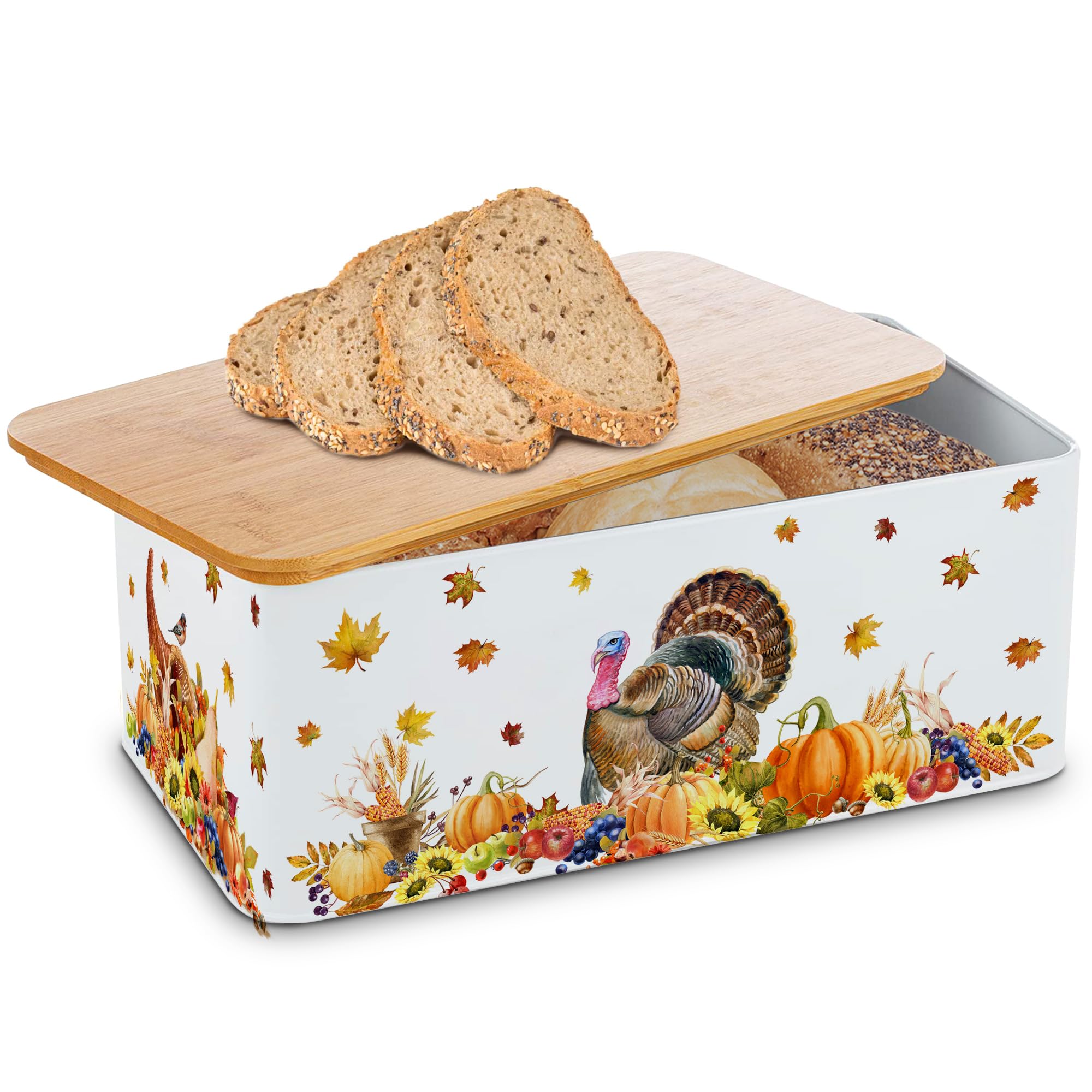 Thanksgiving Decorations, Turkey Thanksgiving Bread Box with Lid, Thanksgiving Bread Storage Kitchen Countertop Decor, Metal Farmhouse Rustic Home Bread Keeper Container Organizer 13"x8.3"x5.1"