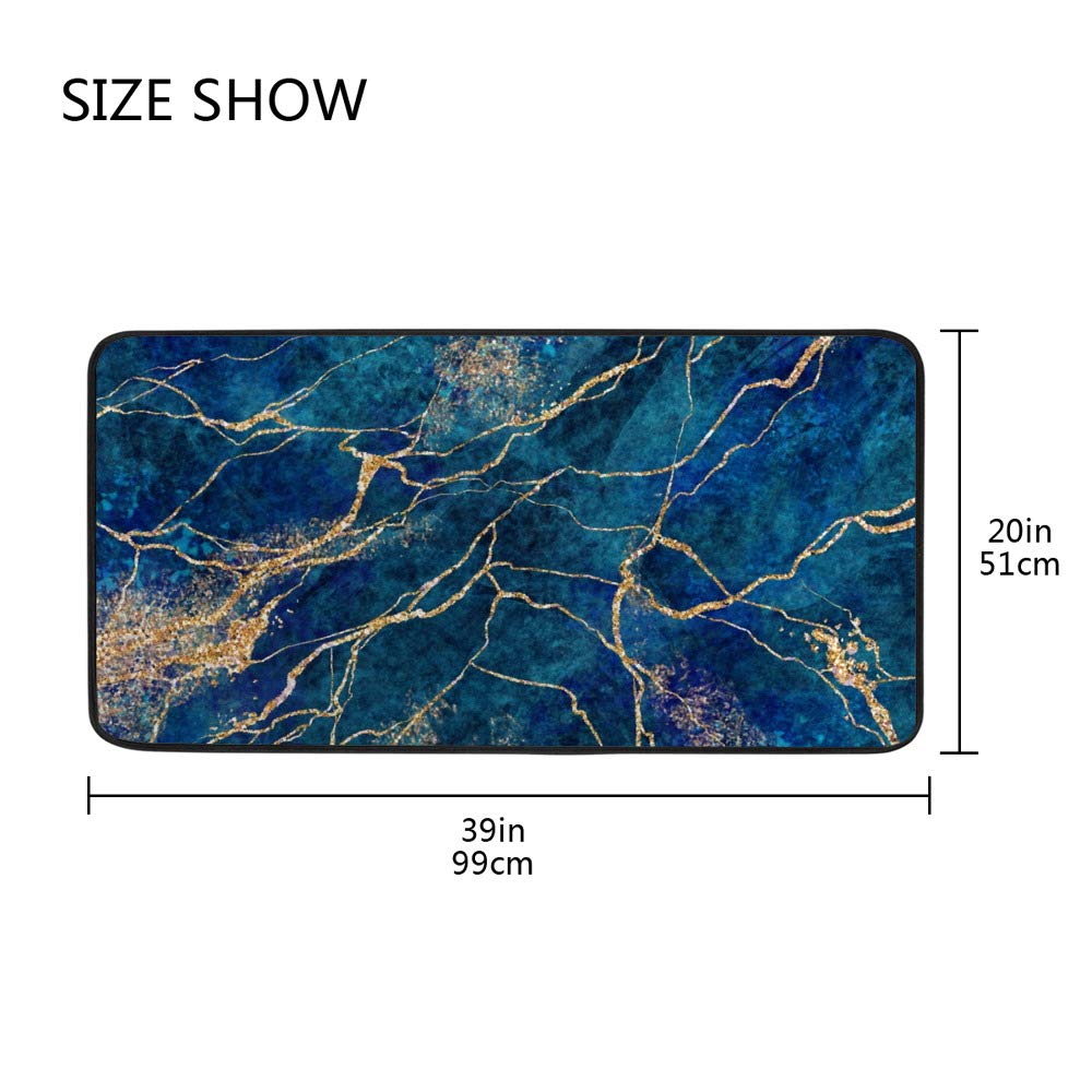 ZHIMI Kitchen Rug Anti Fatigue Kitchen Floor Mat Blue Marble with Gold Long Carpet Non-Slip Laundry Standing Runner Rug Rectangle Entryway Mat 39 x 20 Inch