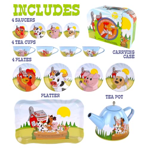 Regal Games Old Macdonald’s Tea Time - Barnyard Animal Designed Kid's Tea Time Set - includes 1 Teapot, 4 Cups, 4 Saucers, 1 Platter & Storage Case - Ideal Birthday & Easter Gift for Ages 5+
