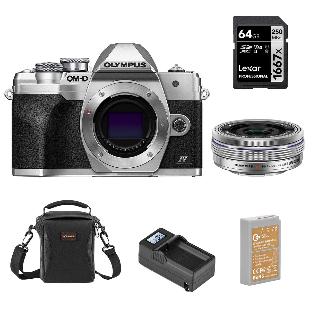 Olympus OM-D E-M10 Mark IV Camera with M.Zuiko ED 14-42mm F3.5-5.6 EZ Lens, Silver Bundle with 64GB SD Card, Shoulder Bag, Extra Battery, Smart Charger